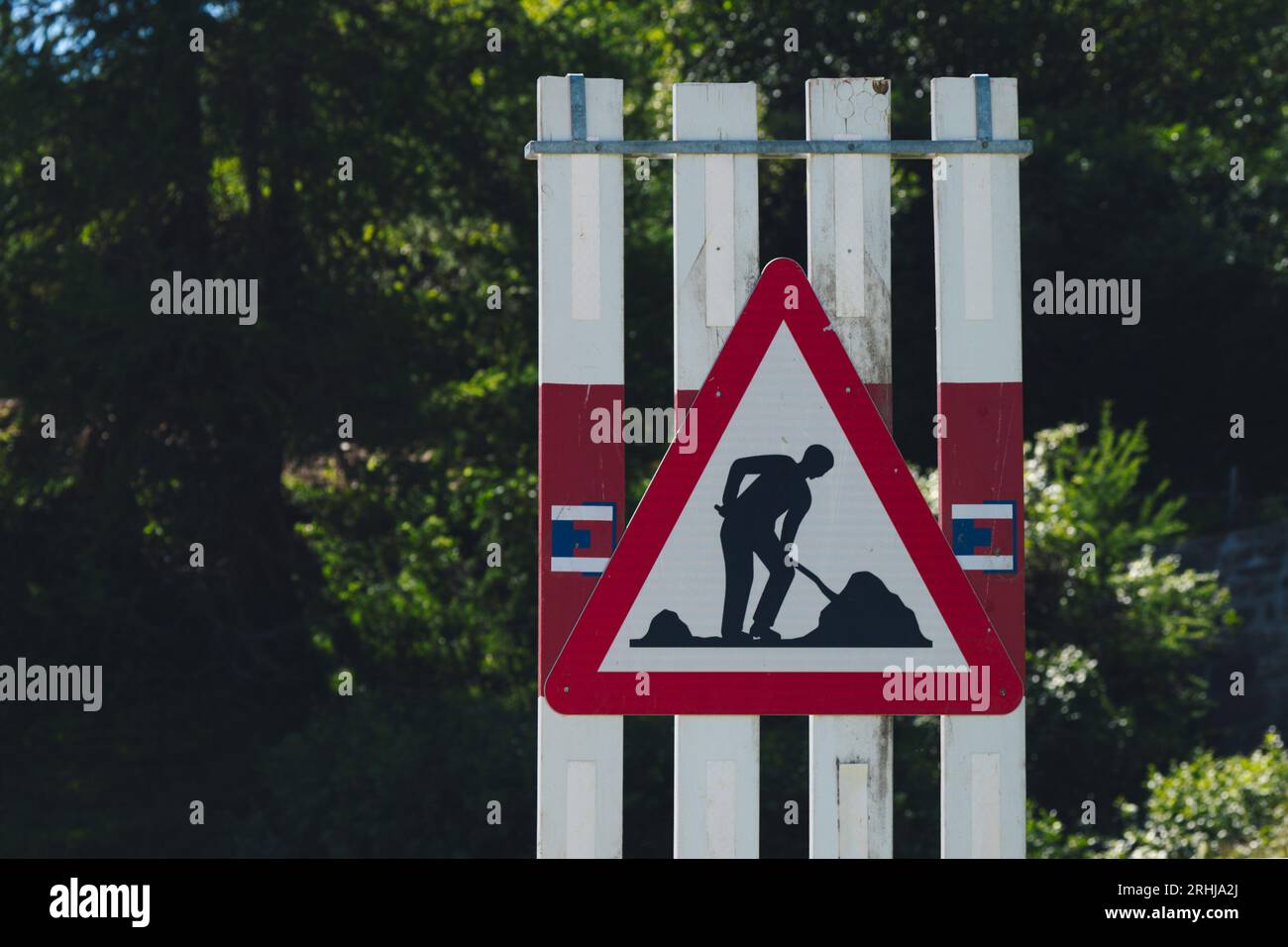 Road works sign, under construction. Warning red road sign, triangle ...