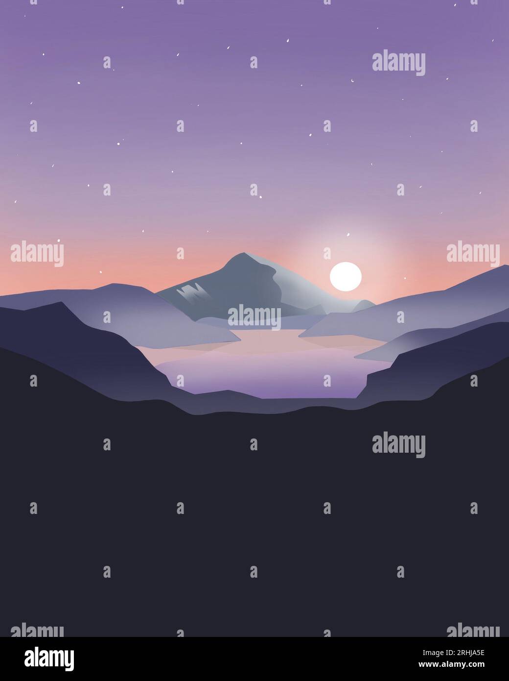 Cartoon Illustration of the sun rising over the Mountains Stock Photo ...