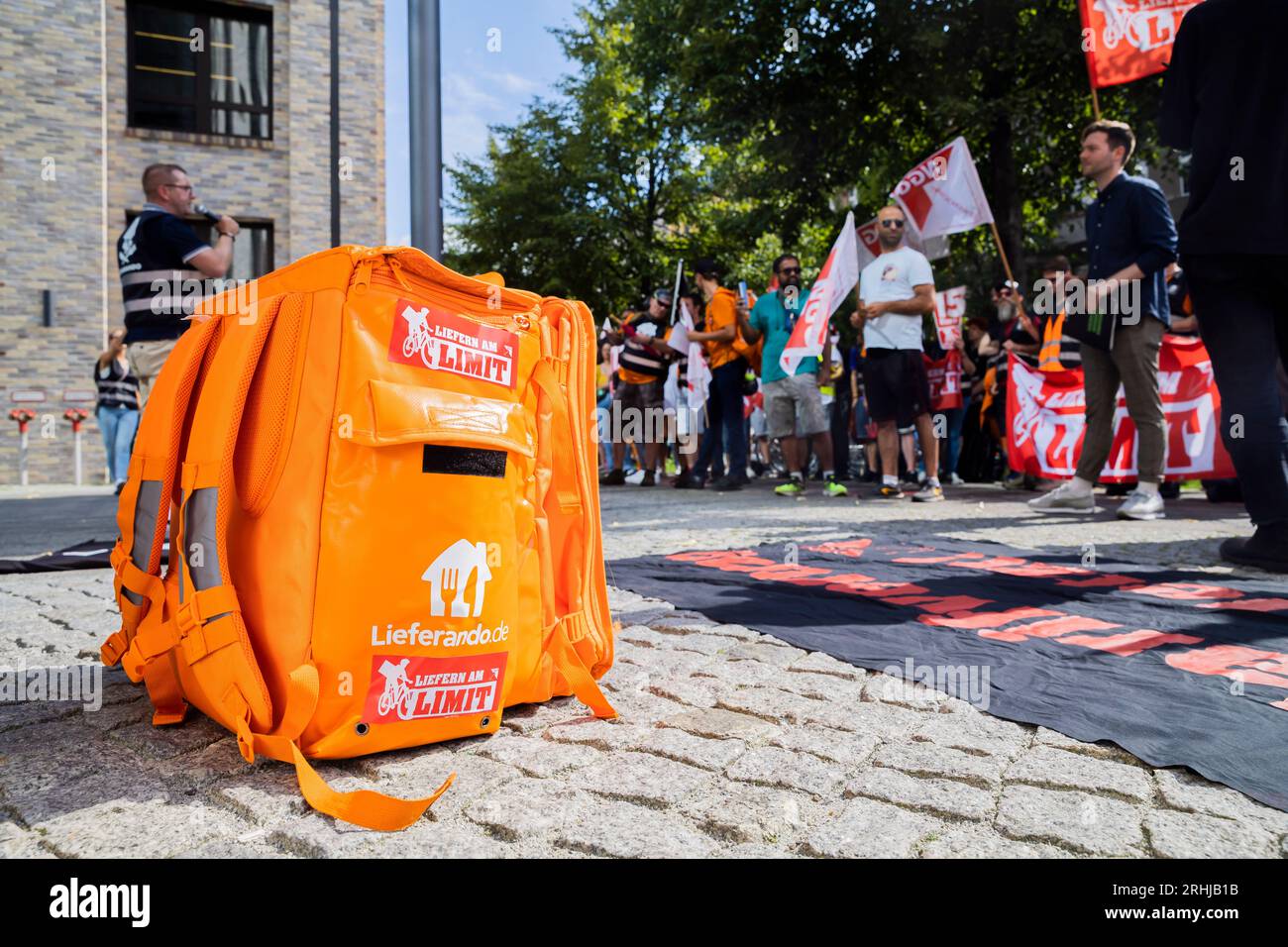 Berlin, Germany. 17th Aug, 2023. A delivery backpack lies in front of ...