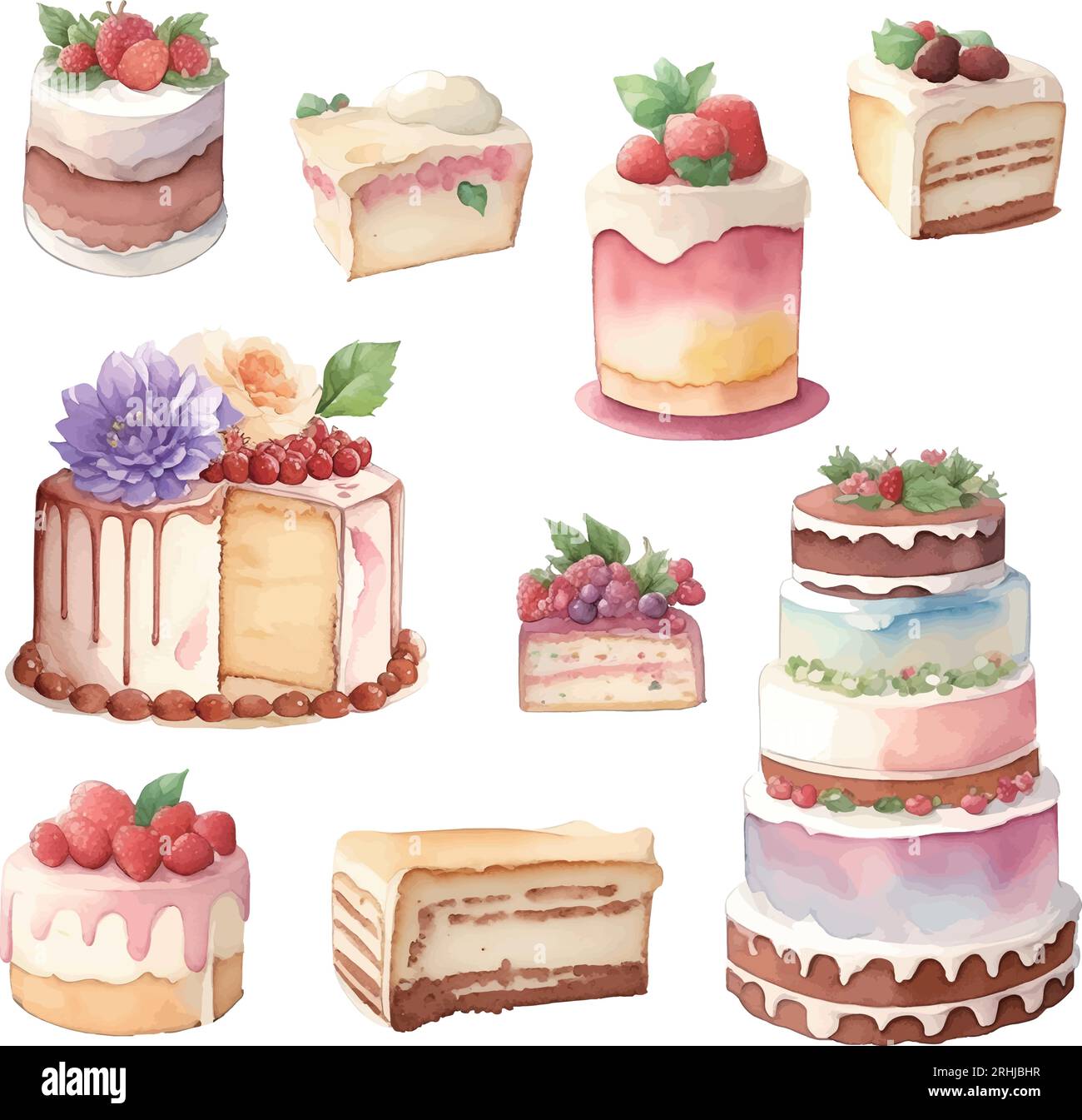 Cake set. Watercolor hand drawn illustration isolated on white ...