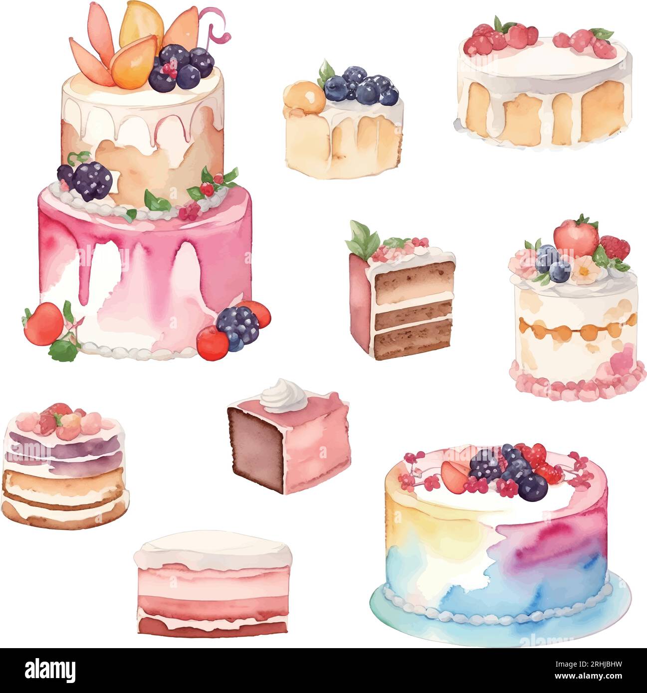 Cake set. Watercolor hand drawn illustration isolated on white ...