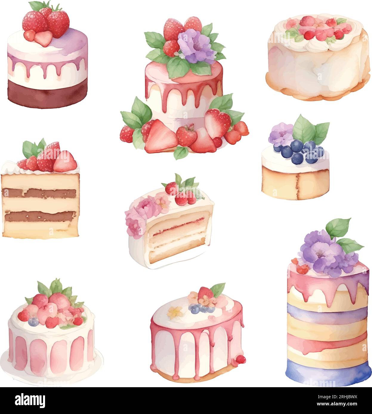 Cake set. Watercolor hand drawn illustration isolated on white ...
