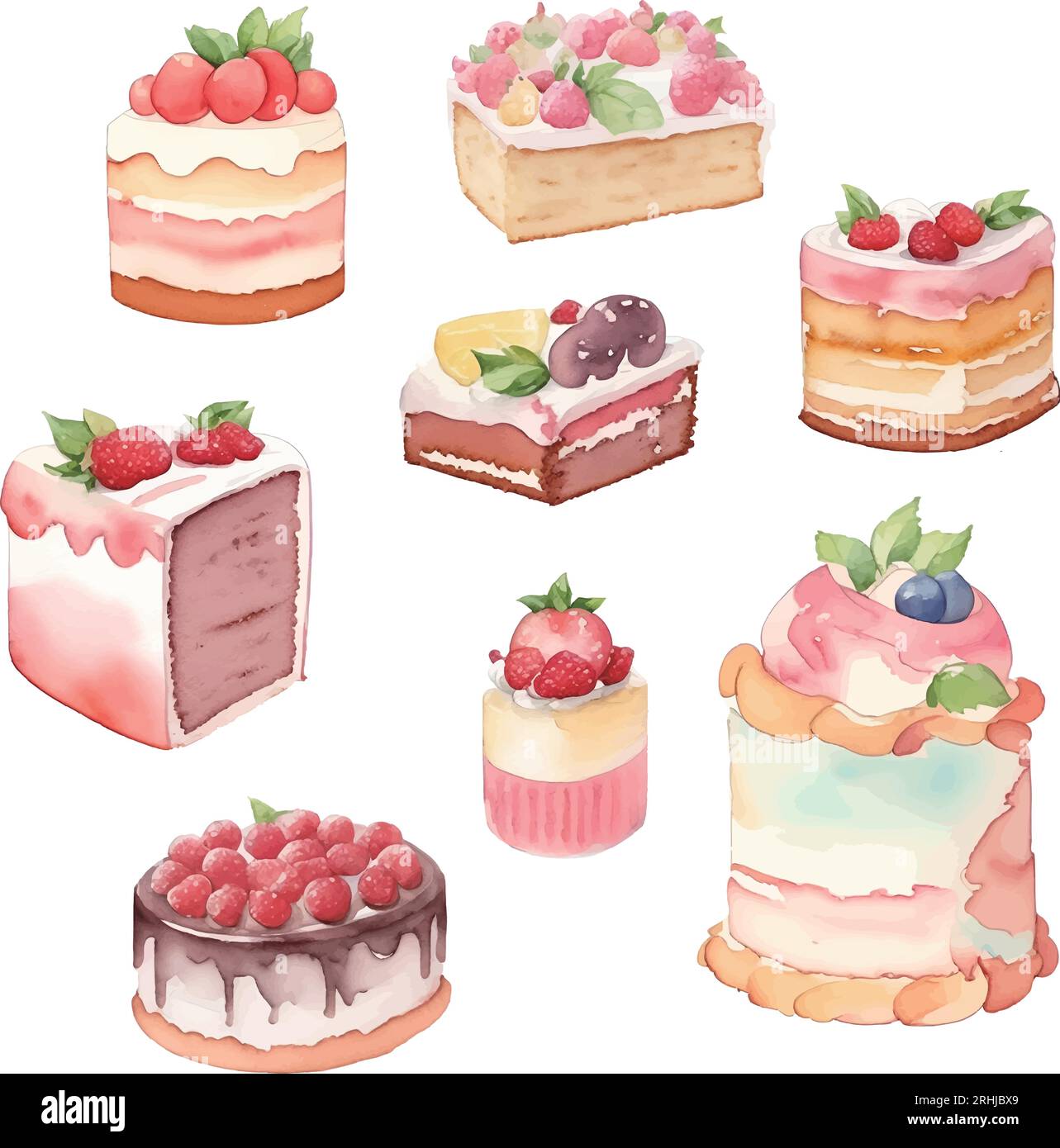 Cake set. Watercolor hand drawn illustration isolated on white ...