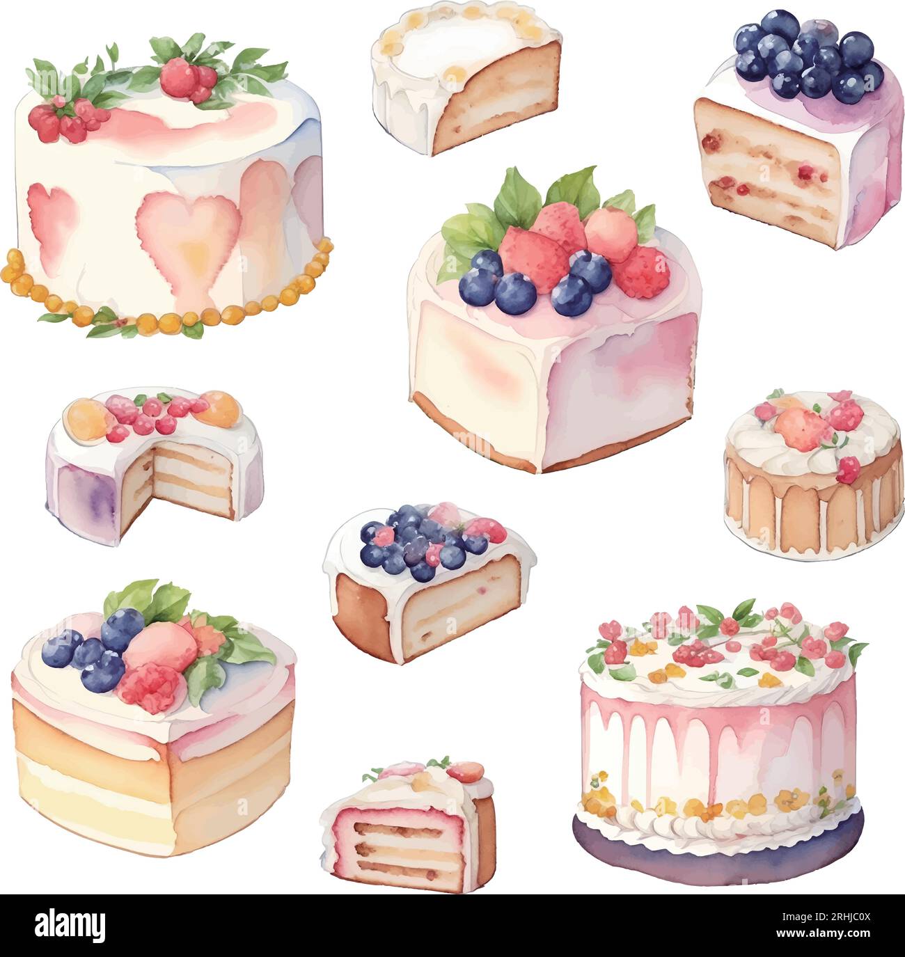 Cake set. Watercolor hand drawn illustration isolated on white ...