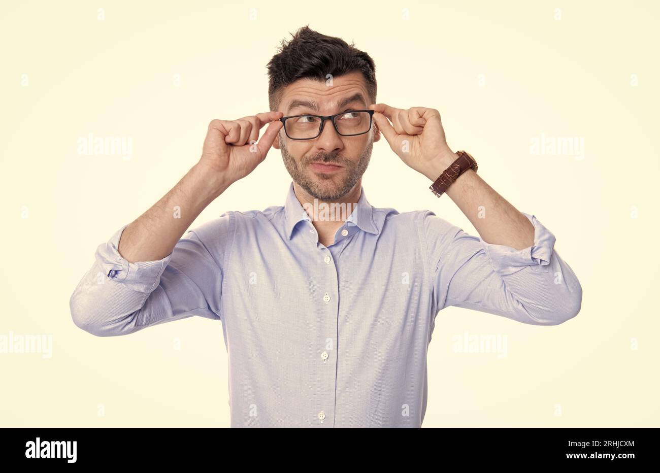 thinking man in eyewear isolated on white background. thinking man ...