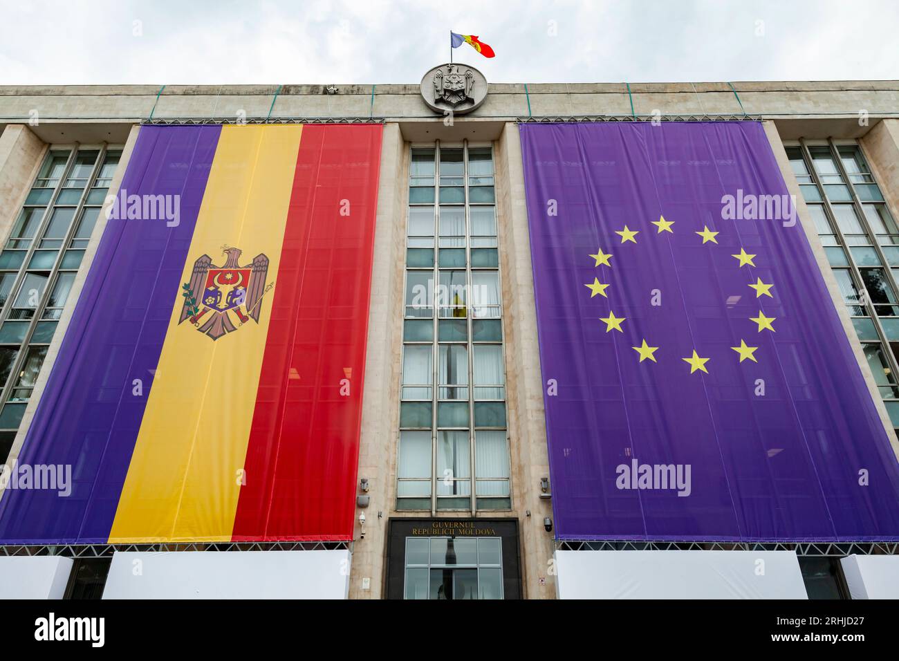 Large flags of Moldova and the European Union on the building of the ...