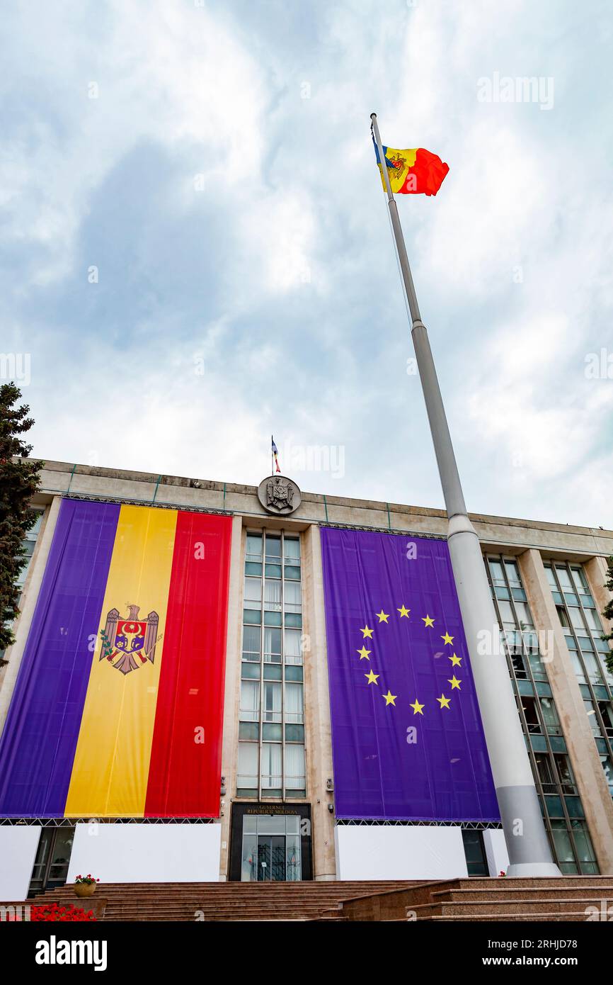 Large flags of Moldova and the European Union on the building of the ...