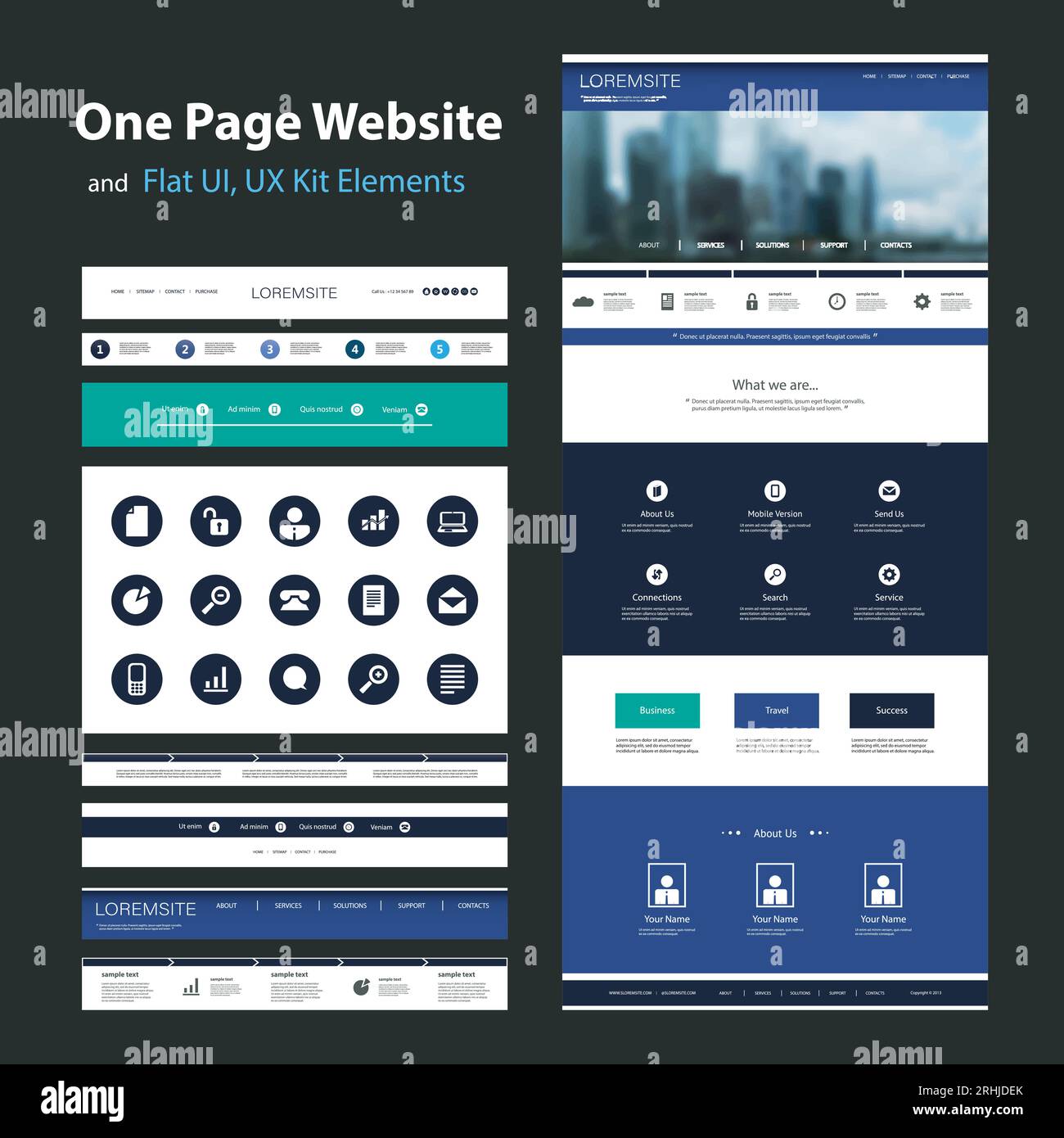 One Page Website Design Template and Flat UI, UX Elements Stock Vector ...