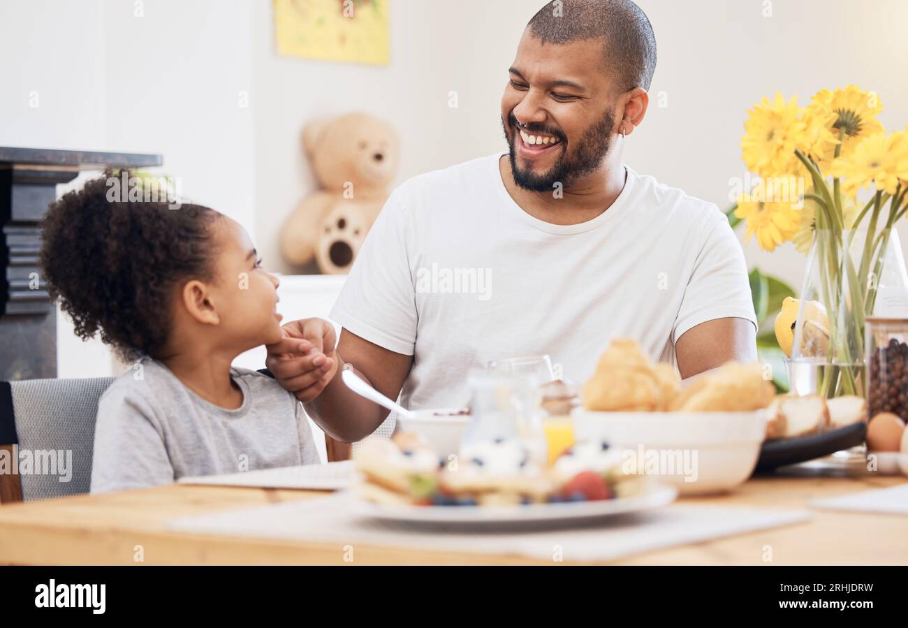 Home, father and girl with breakfast, smile and conversation with ...