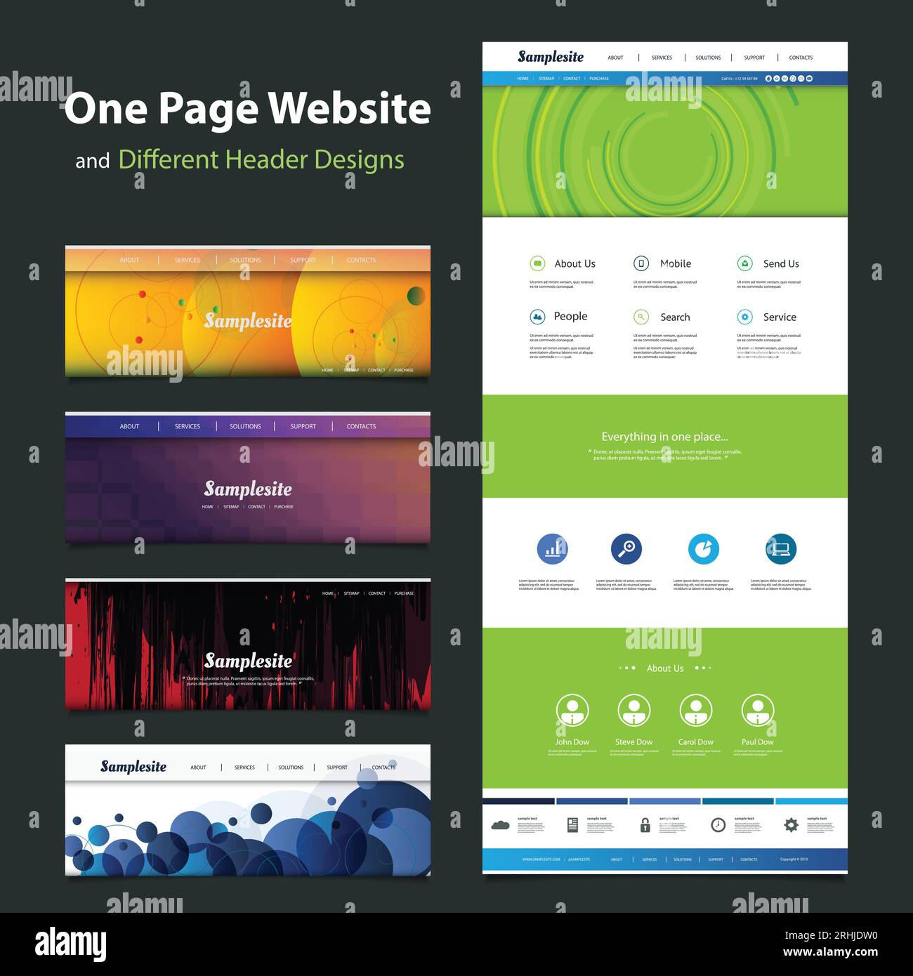 One Page Website Template and Different Header Designs Stock Vector ...