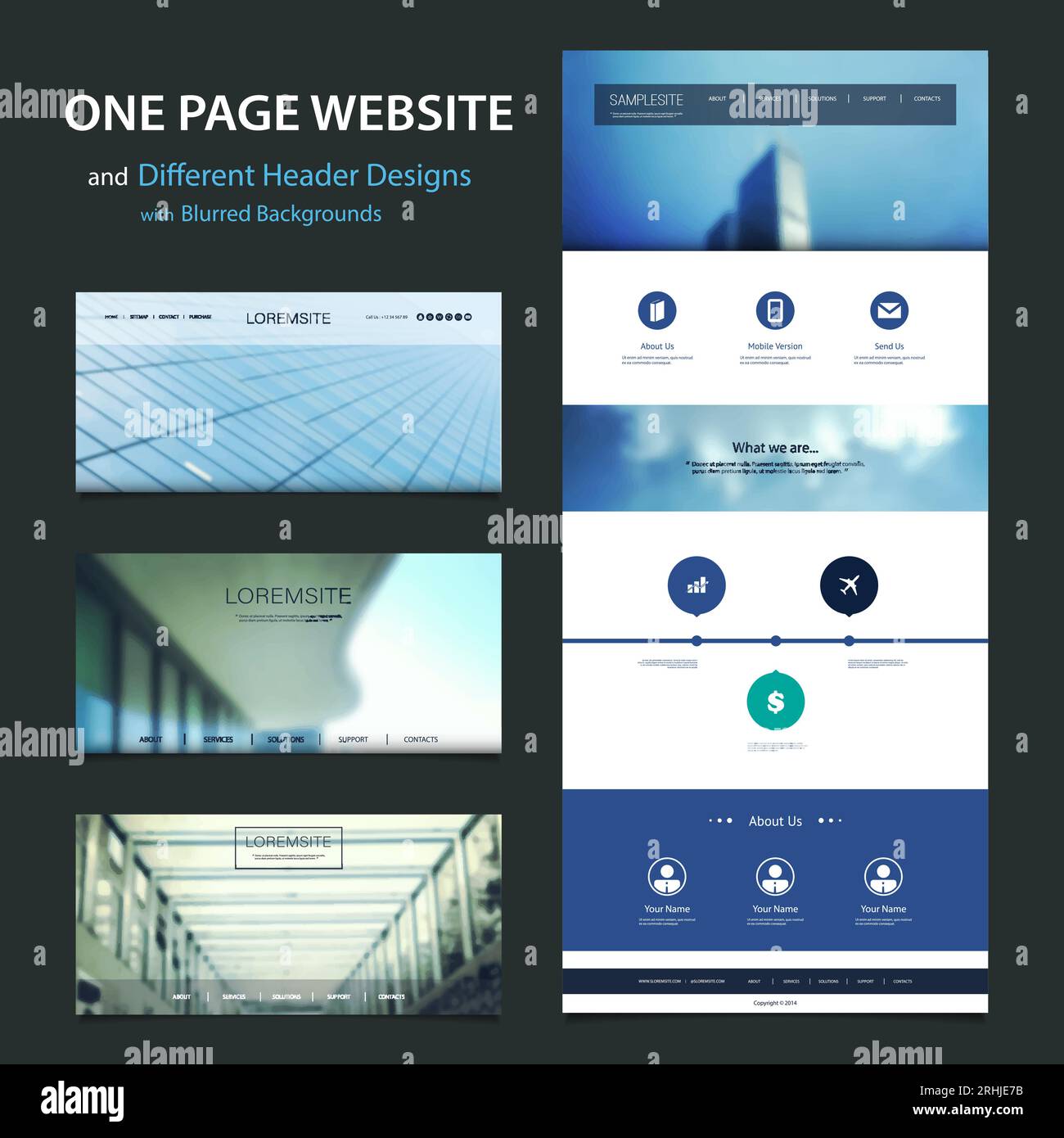 One Page Website Template and Different Header Designs with Blurred Backgrounds Stock Vector ...
