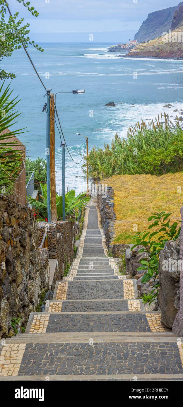 Downward view over staircase in the village Jardim do Mar towards the ...