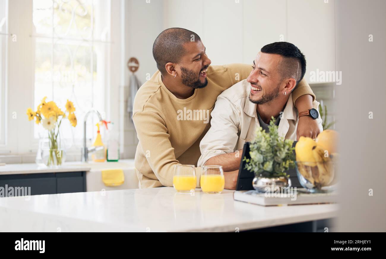 Lgbtq, gay and couple hug in kitchen for bonding, happiness and relax ...