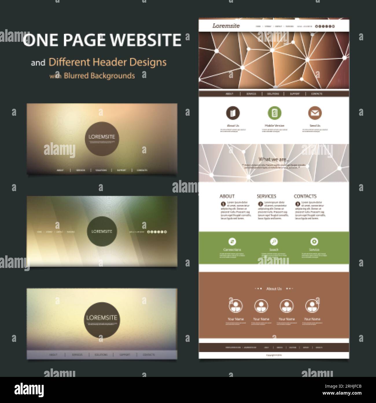 One Page Website Template and Different Header Designs with Blurred ...