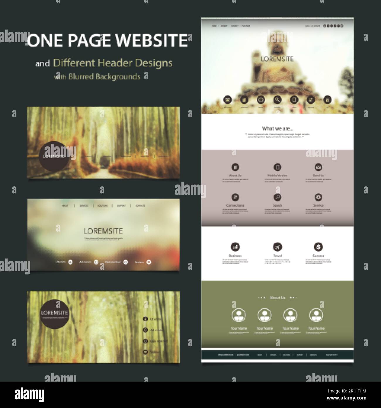One Page Website Template and Different Header Designs with Blurred ...