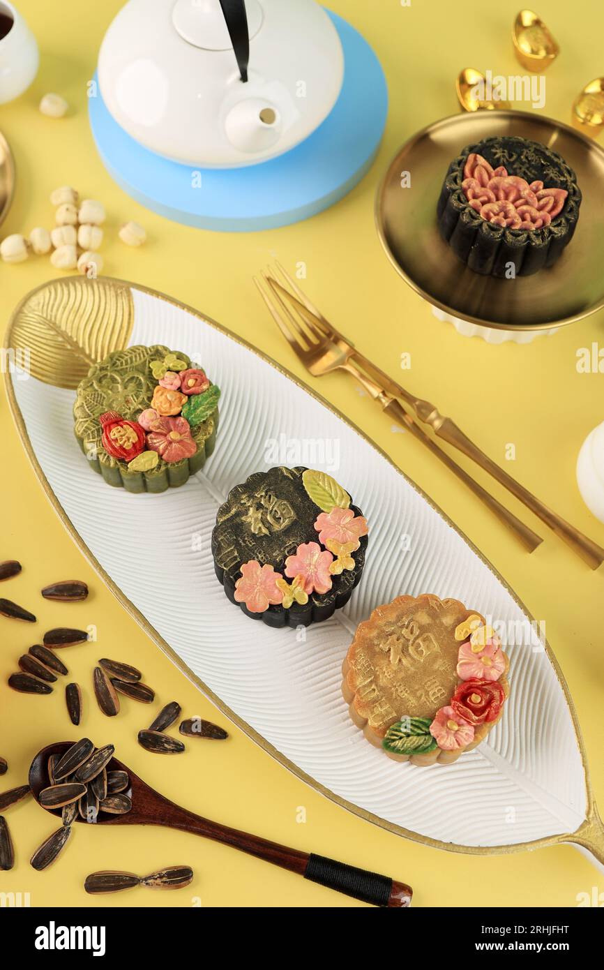 Homemade Premium Moon Cake or Mooncake with Golden Dust on Pastel ...