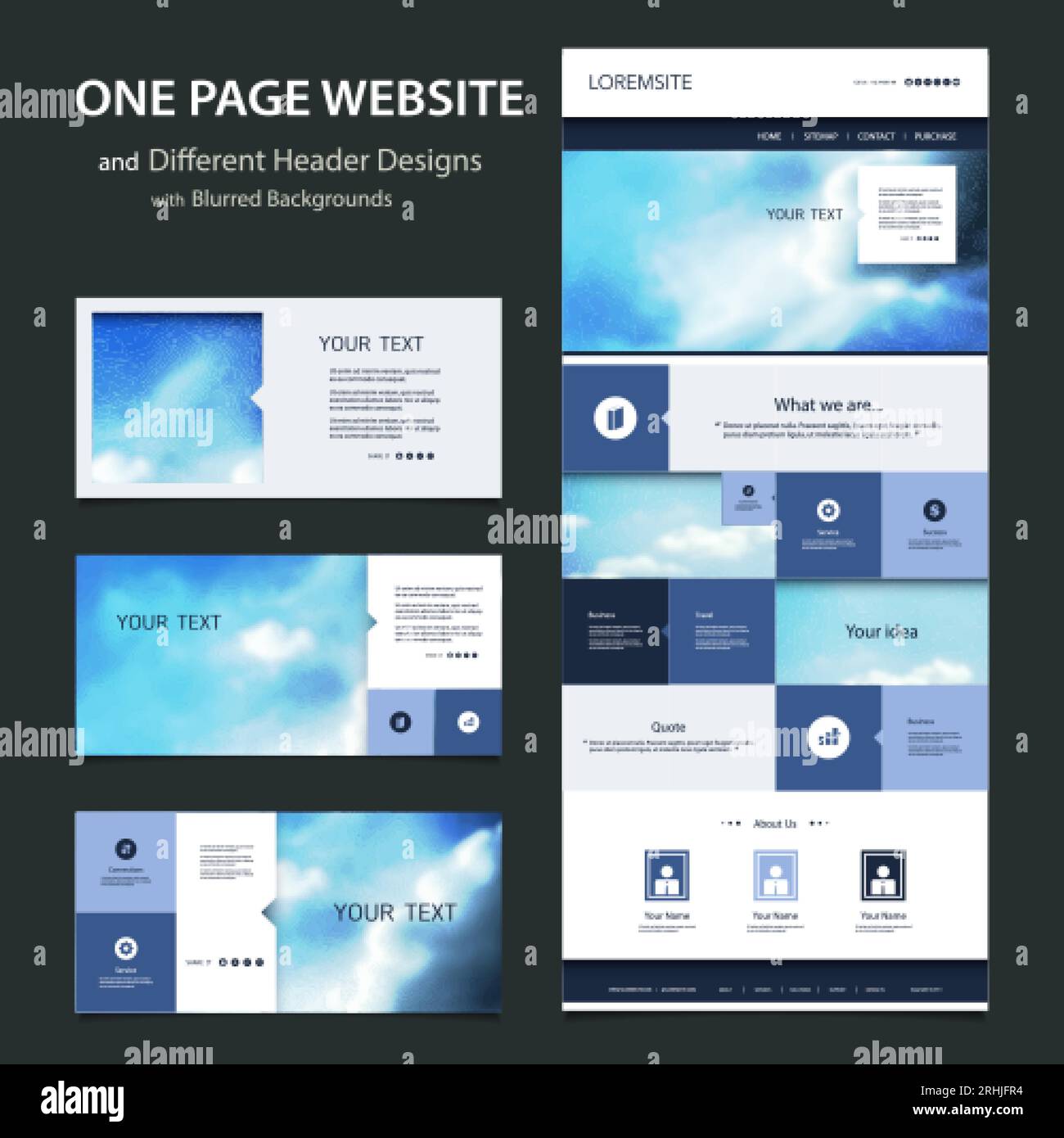 One Page Website Template and Different Header Designs with Blurred ...