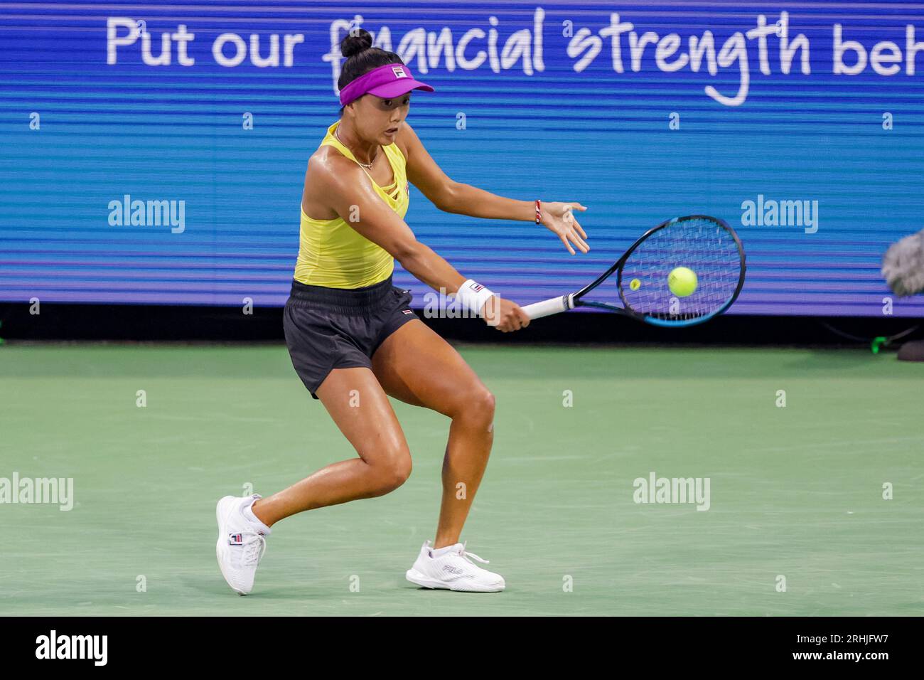 Mason, Ohio, USA. 16th Aug, 2023. Ann Li (USA) hits a backhand shot ...