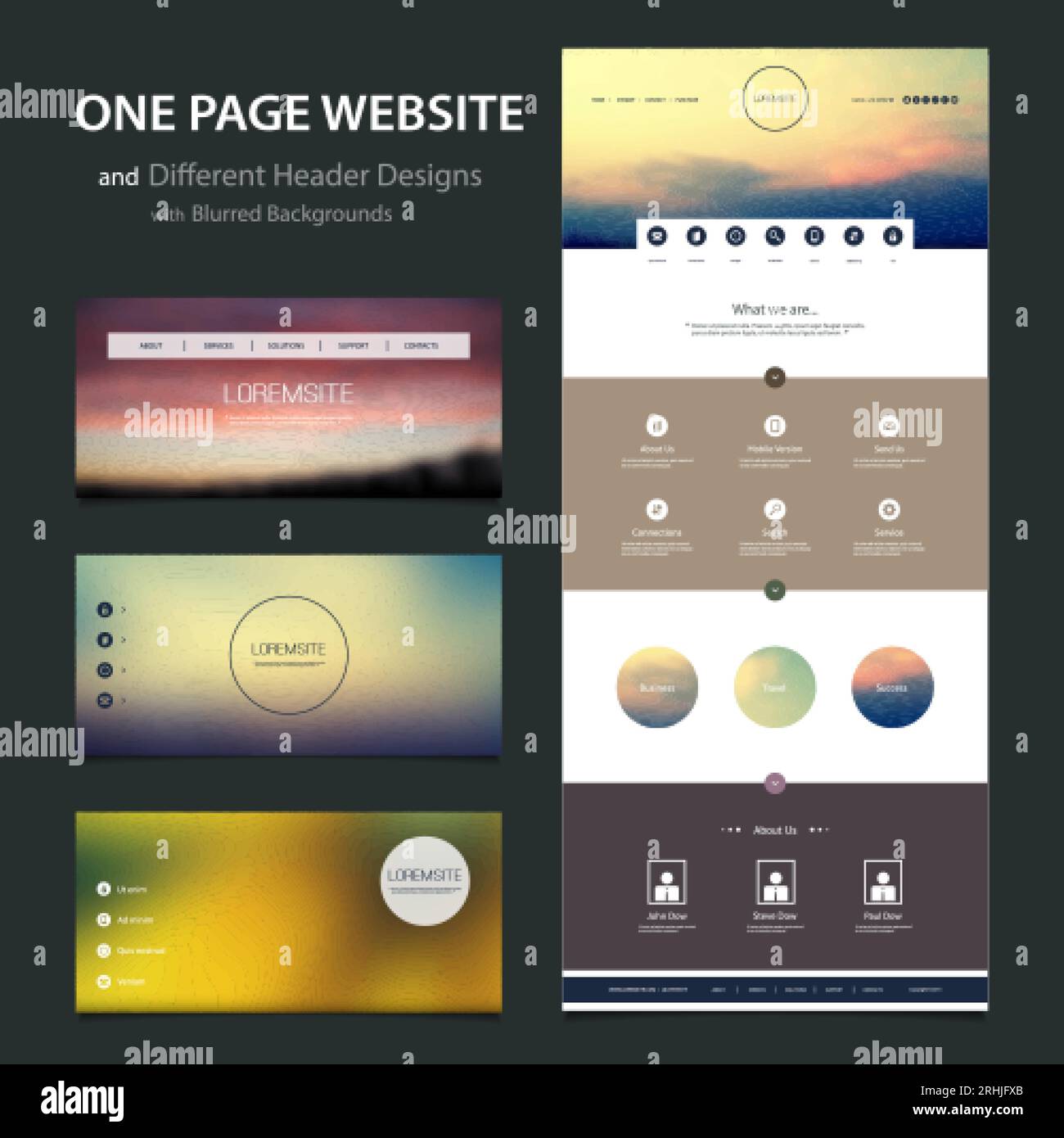 One Page Website Template and Different Header Designs with Blurred ...