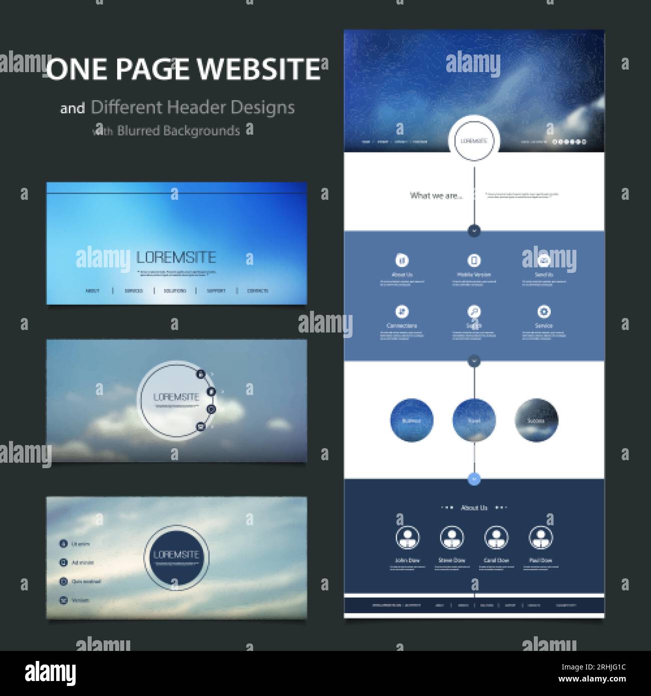 One Page Website Template and Different Header Designs with Blurred ...