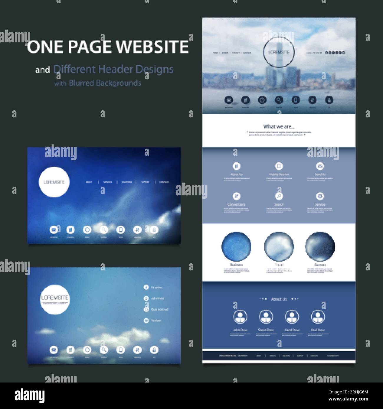 One Page Website Template and Different Header Designs with Blurred ...