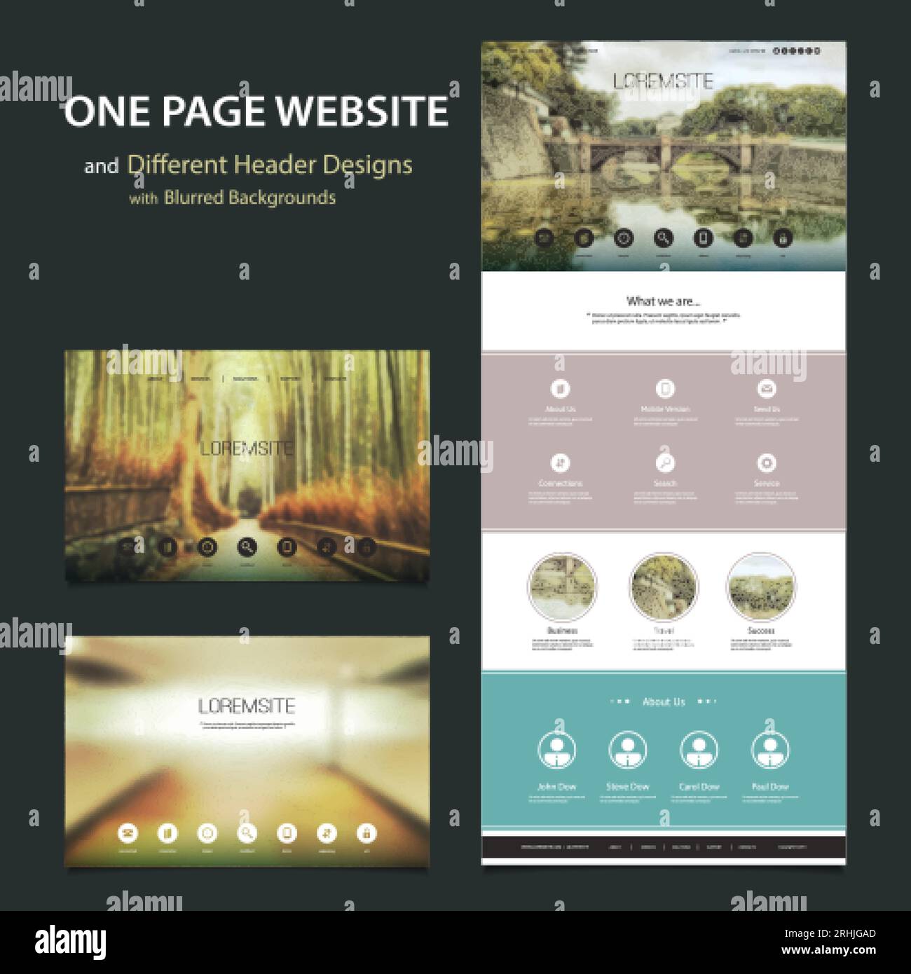 One Page Website Template and Different Header Designs with Blurred Backgrounds Stock Vector ...