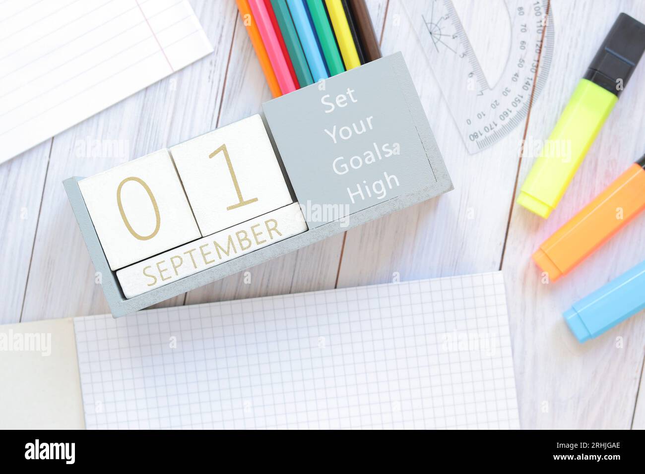 01 September. Image of a wooden calendar for September 1 on the table ...