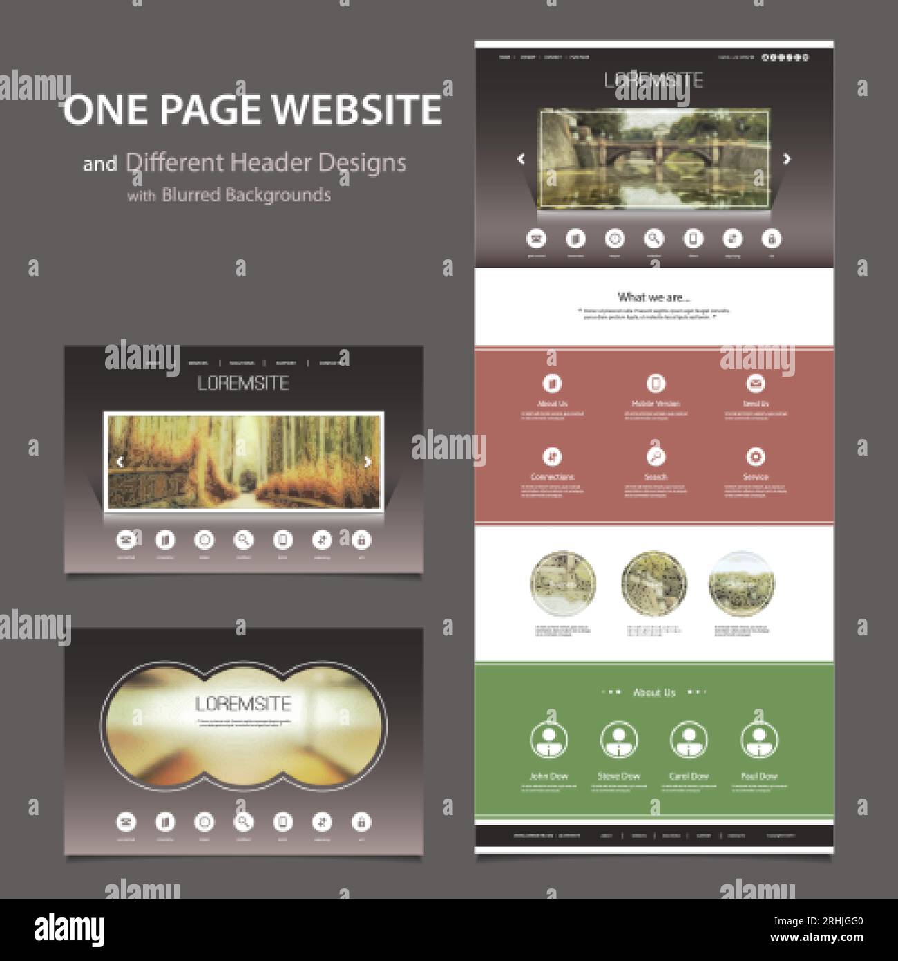 One Page Website Template and Different Header Designs with Blurred ...