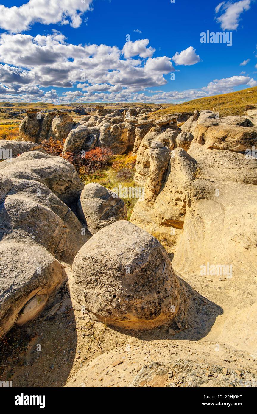 Sandstone hoodoos sculpted by water and wind erosion in Writing-On ...