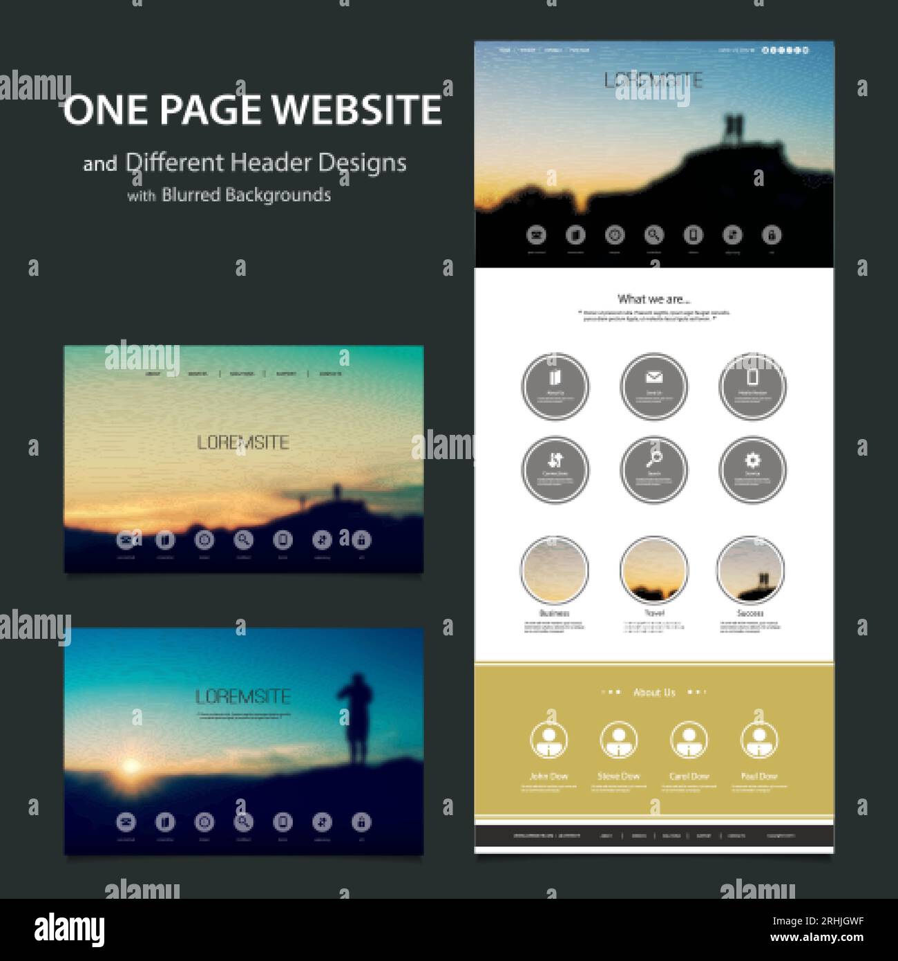 One Page Website Template and Different Header Designs with Blurred ...
