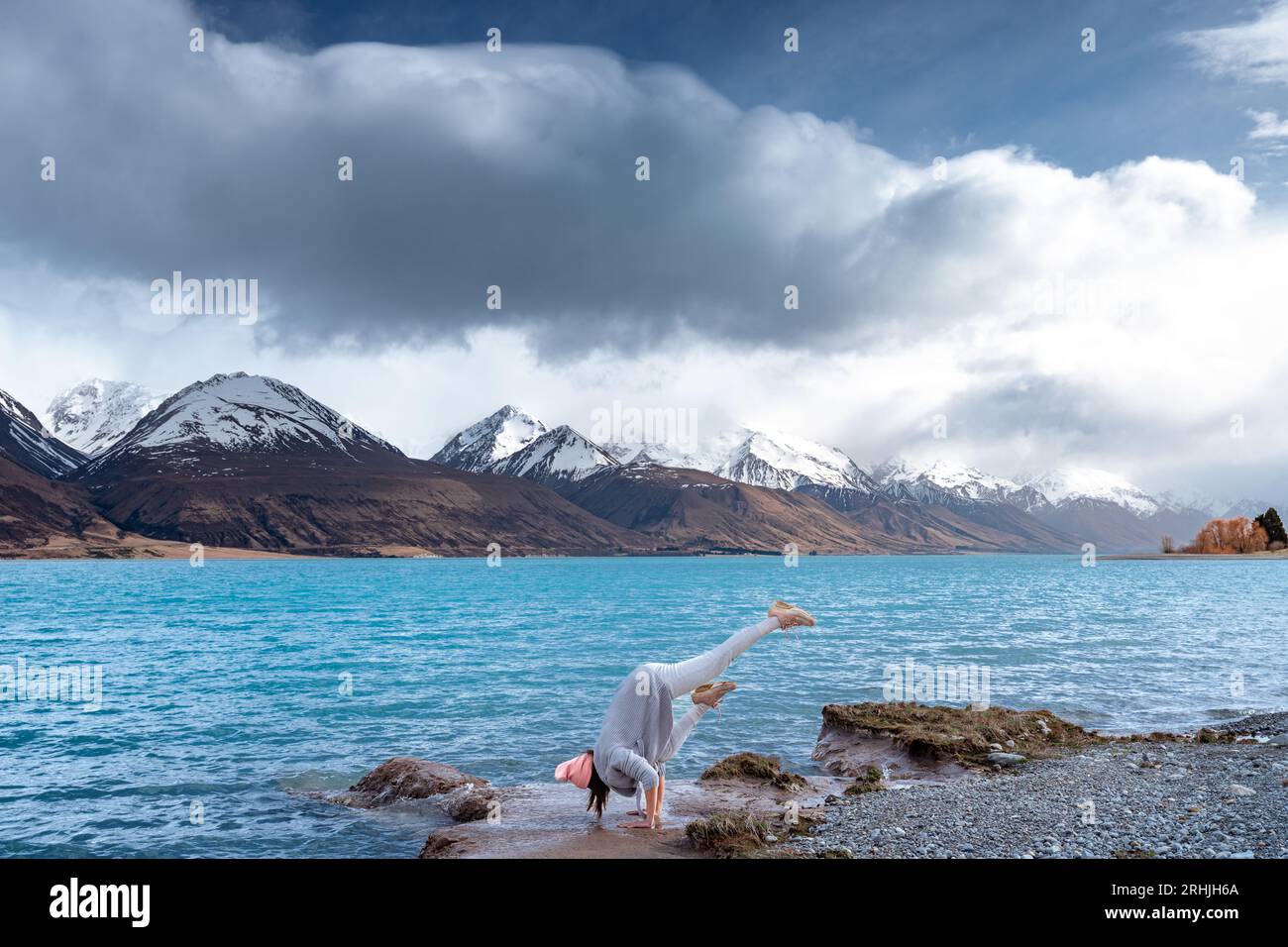 Asian female yogi practice yoga at the beautiful scenic sunrise view of ...