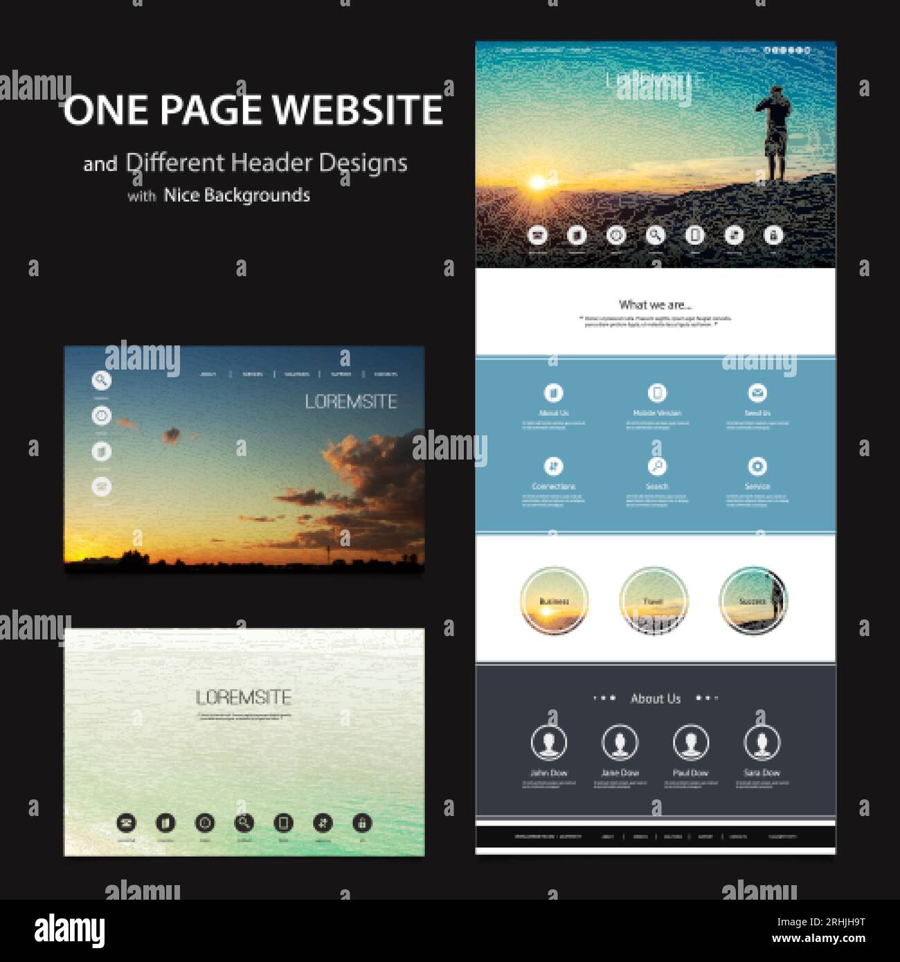 One Page Website Template and Different Header Designs Stock Vector ...