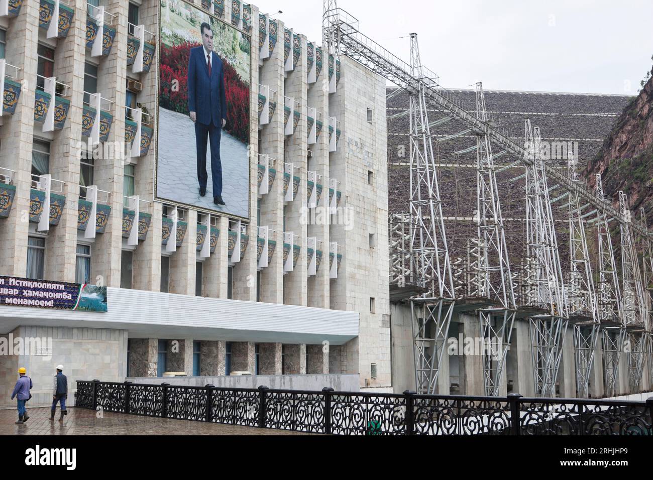 The Nurek hydropower station and dam (background), featuring a ...