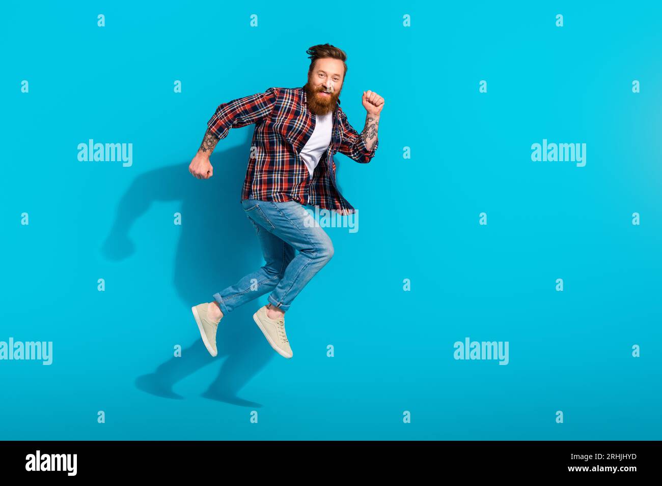 Full body size photo of running energetic red hair guy hipster ...