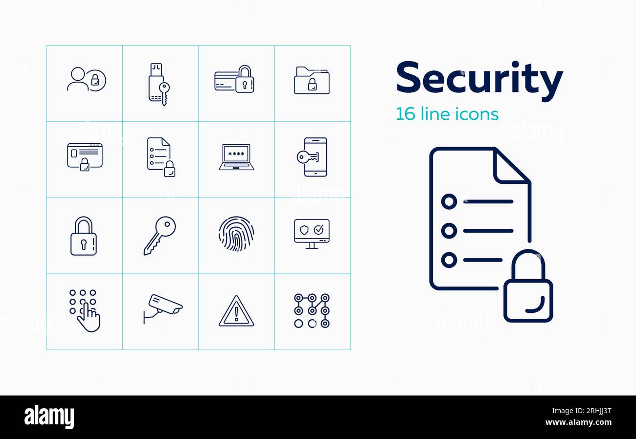 Security line icon set. Surveillance camera, warning Stock Vector Image ...