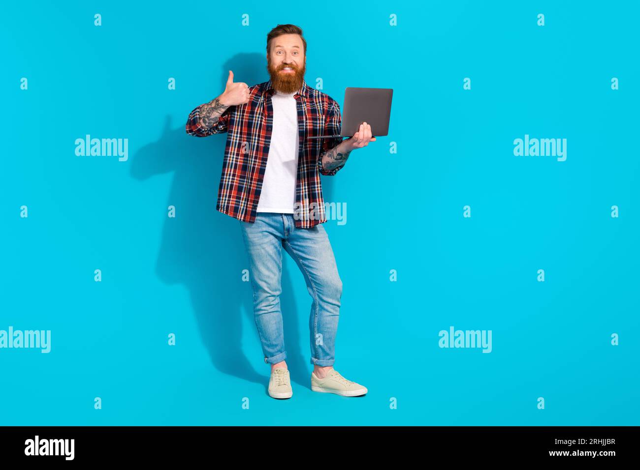 Full body photo of cheerful guy senior specialist sql developer ...