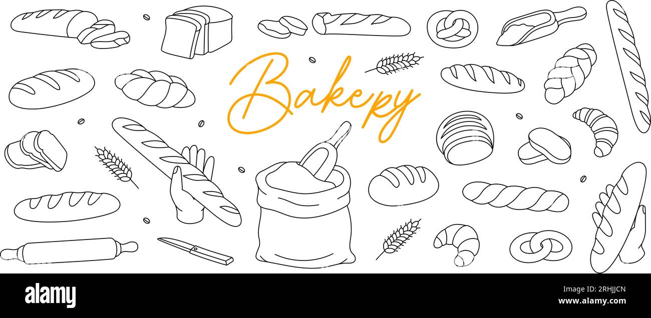 Bakery outline sketch set. Breads line banner. Bakery menu horizontal ...
