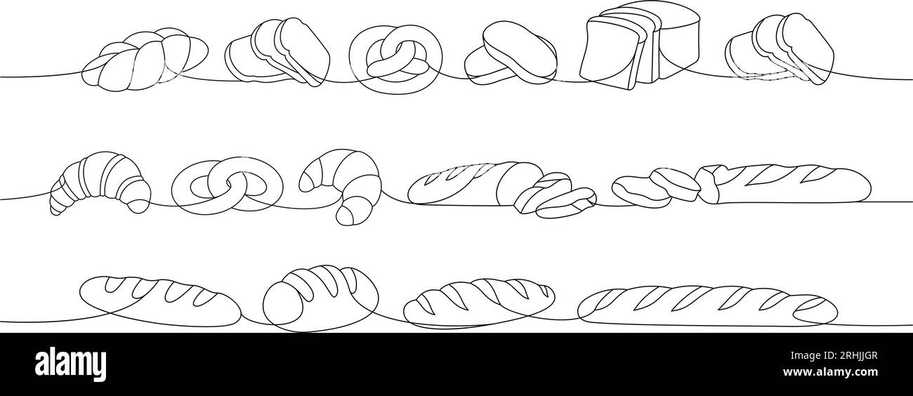Fresh breads one line continuous drawing. Wheat bread, pretzel, ciabatta, croissant, bagel ...