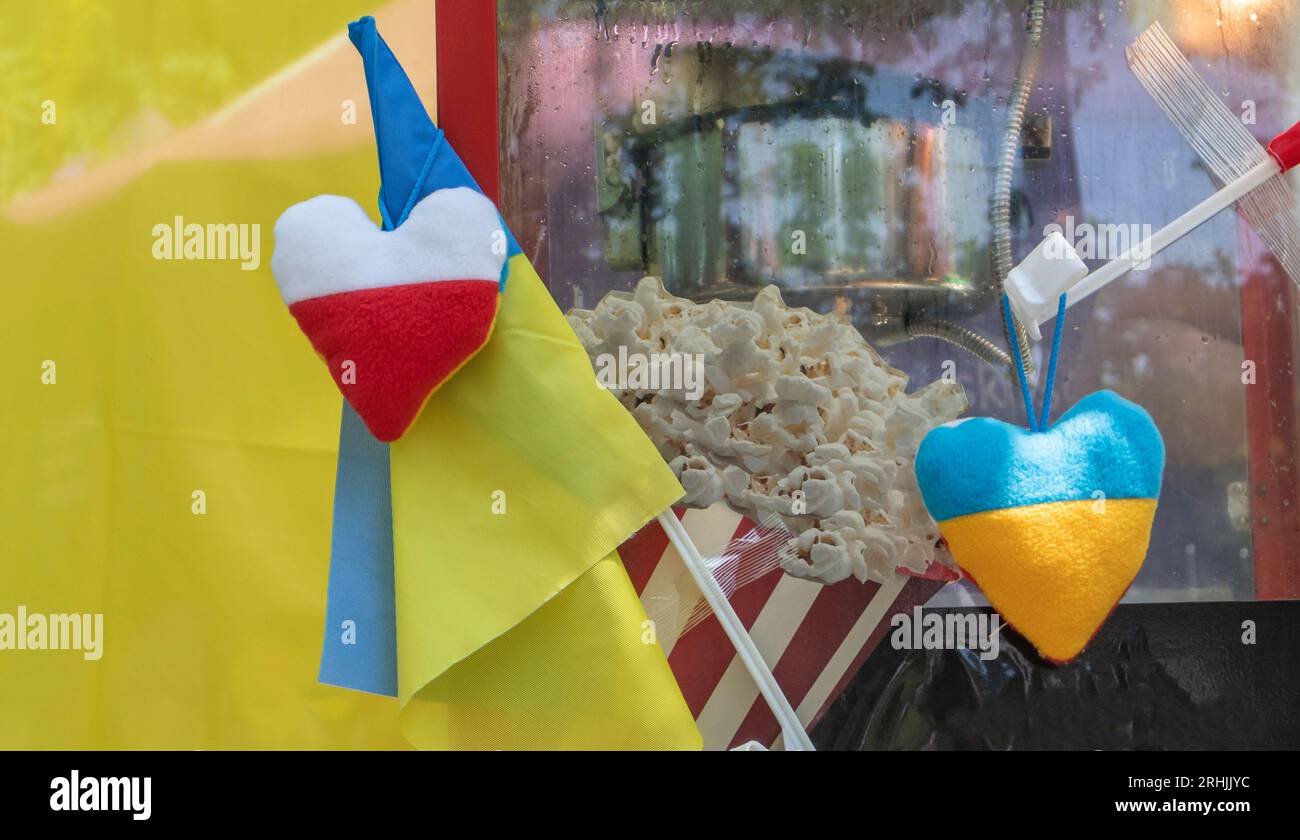 Flags of Poland and Ukraine, form a heart shape. Demonstration in ...