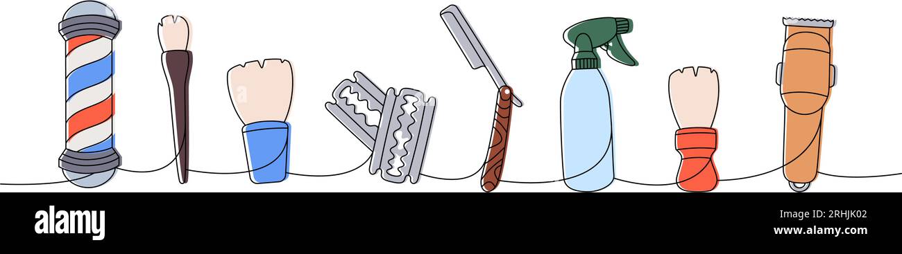 Hairdresser tools one line colored continuous drawing. Barber shop pole ...