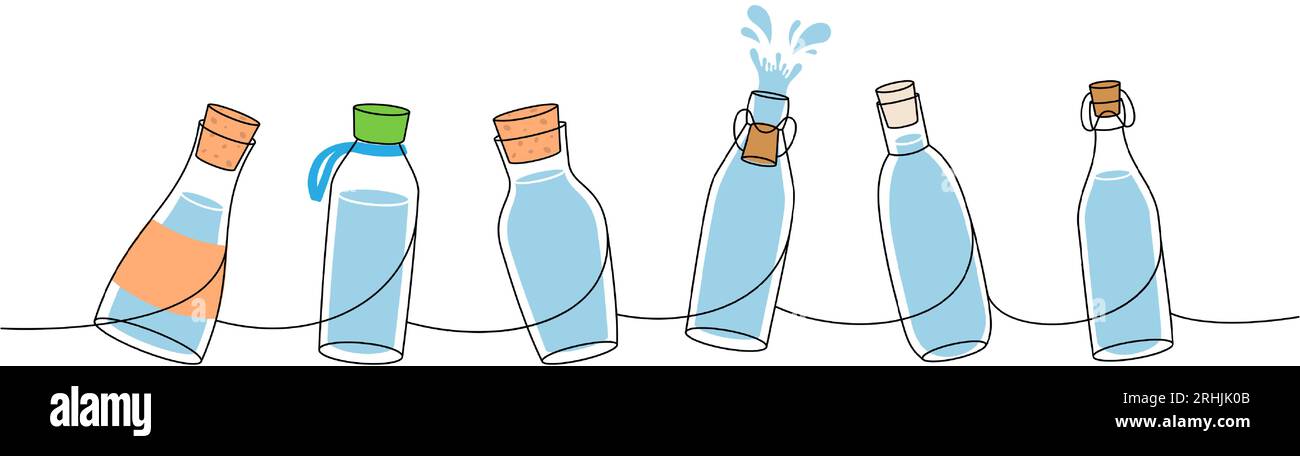Glass bottles one line colored continuous drawing. Empty glass bottles ...