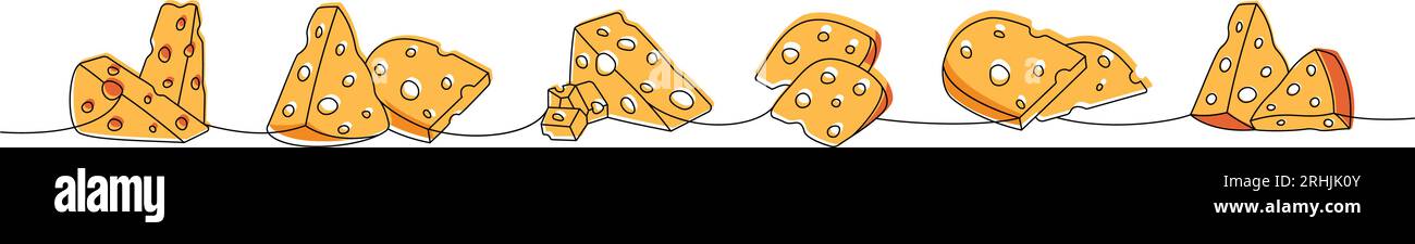 Cheese products set one line colored continuous drawing. Different ...