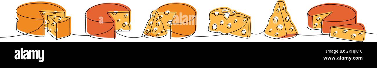 Cheese set one line colored continuous drawing. Different types of ...