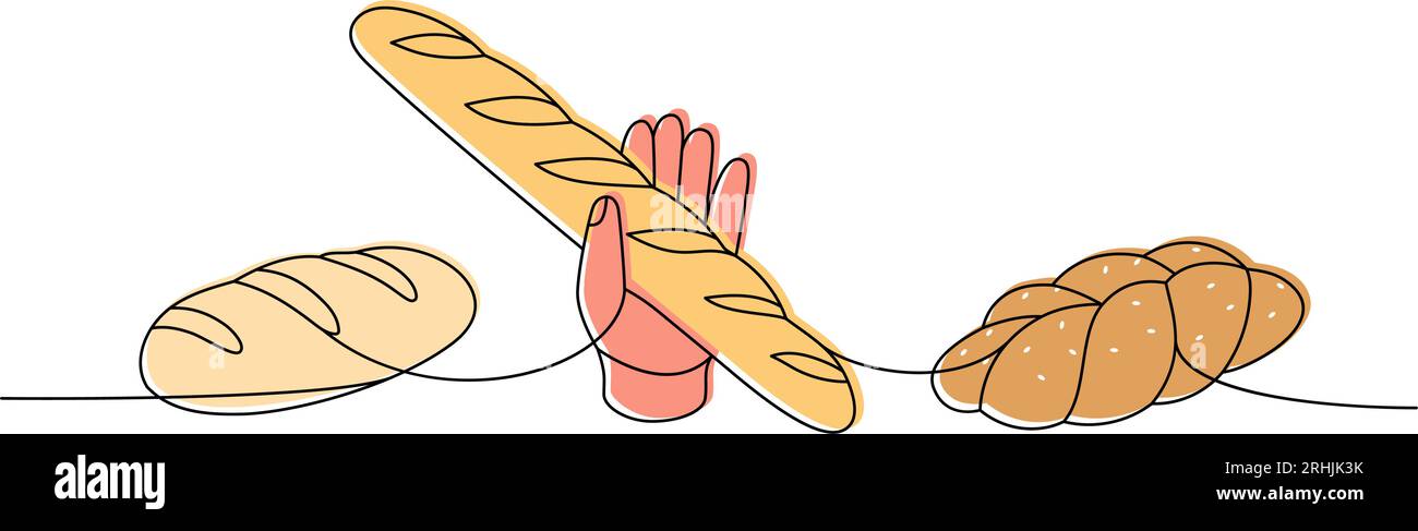 Set of bakery products one line colored continuous drawing. Wheat bread ...