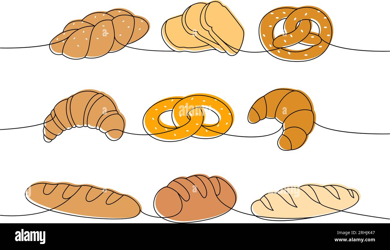 Set of fresh breads one line colored continuous drawing. Whole grain ...