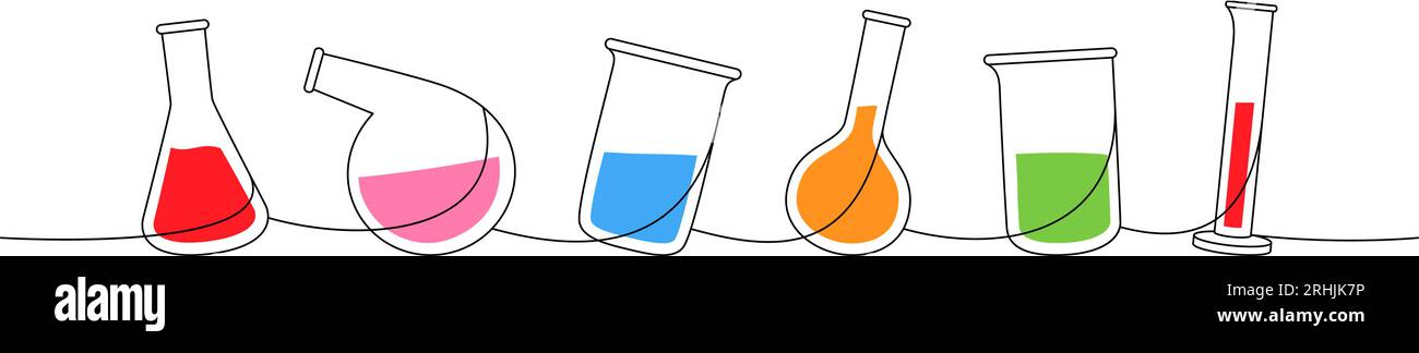 Lab glassware one line colored continuous drawing. Conical flask ...