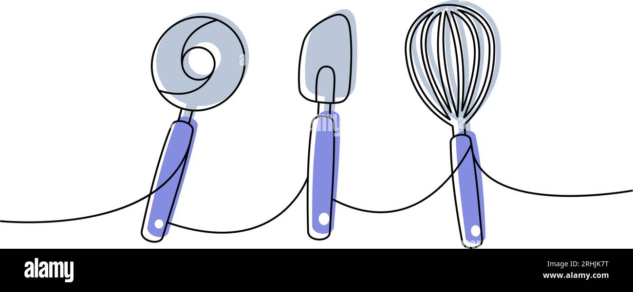 Kitchen utensils one line colored continuous drawing. Wheel pizza ...