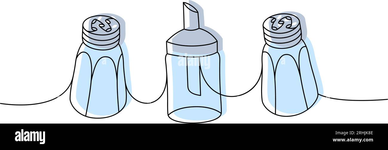 Kitchen utensils one line colored continuous drawing. Salt shaker ...