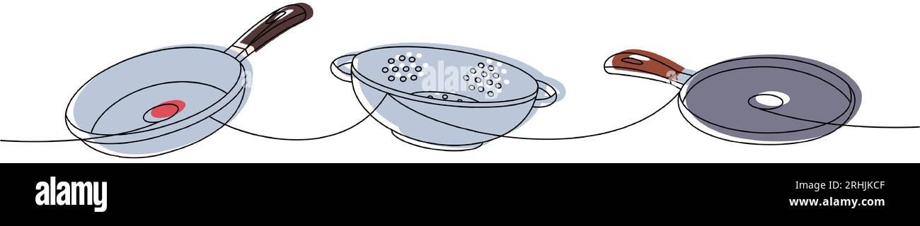 Kitchen utensils one line colored continuous drawing. Frying pan, sieve ...