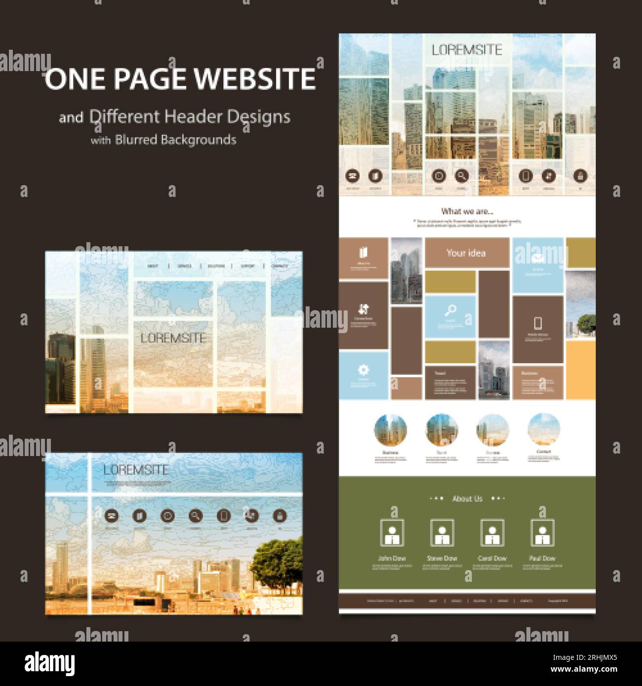 One Page Website Template and Different Header Designs with Blurred ...